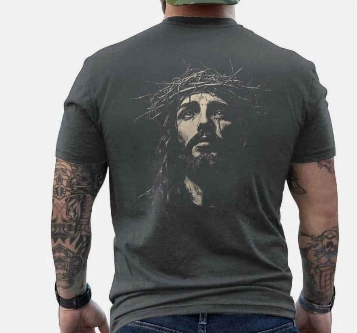 Jesus Christ Face With Crown Of Thorns Cross Faith Christian T-Shirt ...