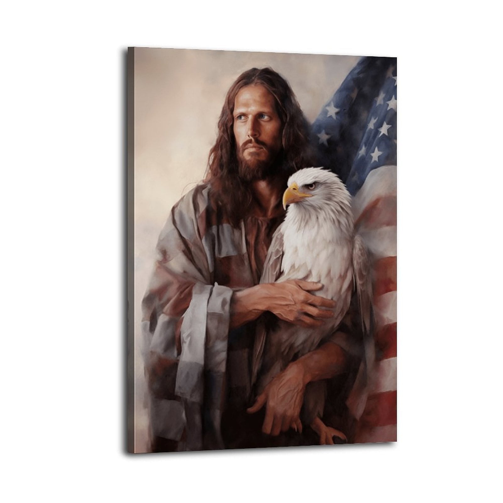 Jesus Christ Holding An American Bald Eagle Poster Wrapped Wooden Frame Wall Decor,Made in USA ...