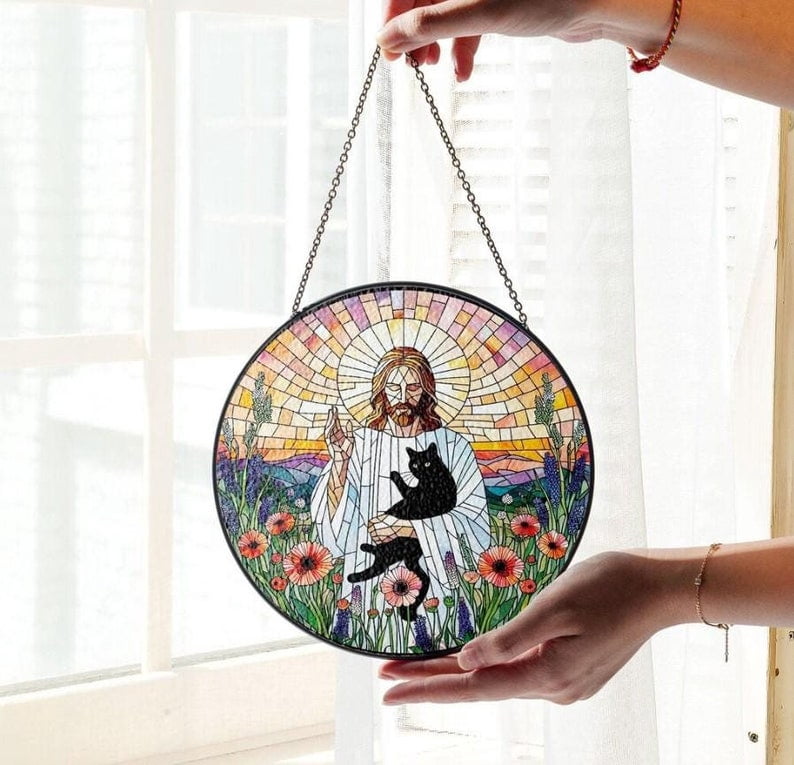 Jesus Christ Hugging A Black Cat Stained Glass Suncatcher, Black Cat ...