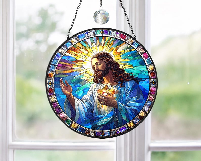 Jesus Christ Stained Glass Suncatcher, Sacred Heart of Jesus Glass Art ...