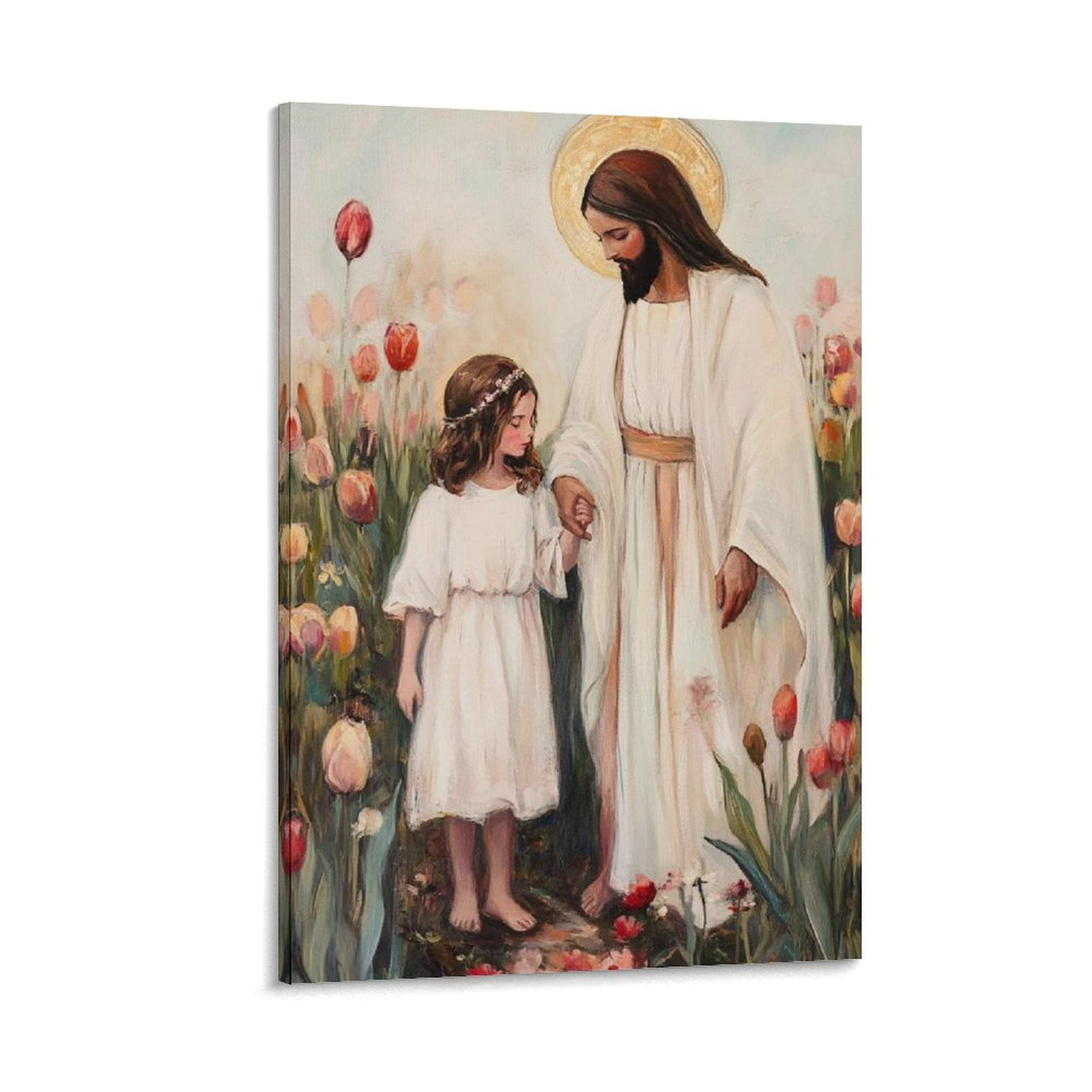 Jesus Christ Wall Art - Jesus And Little Girl Among Tulip Flowers ...