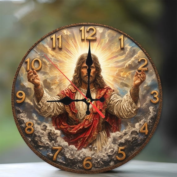 Jesus Christ Wall Clock Religious Home Decor 10-Inch Silent Wooden Wall ...