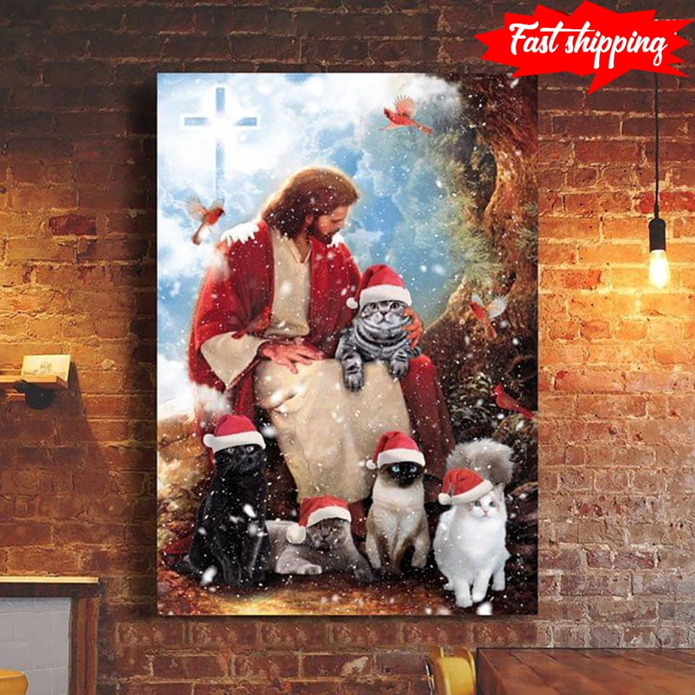 Jesus Christ With Cats Wearing Santa Hats And Cardinals Flying Around ...