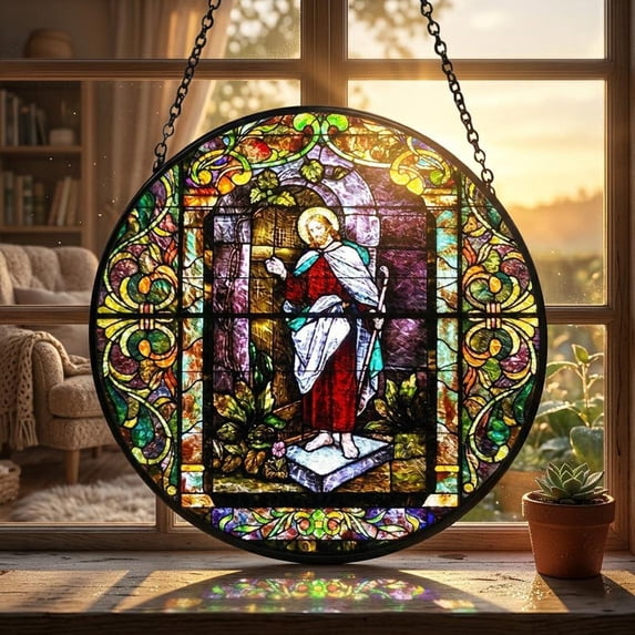 Jesus Christian Stained Glass Suncatcher, Religious Faith Round Glass ...