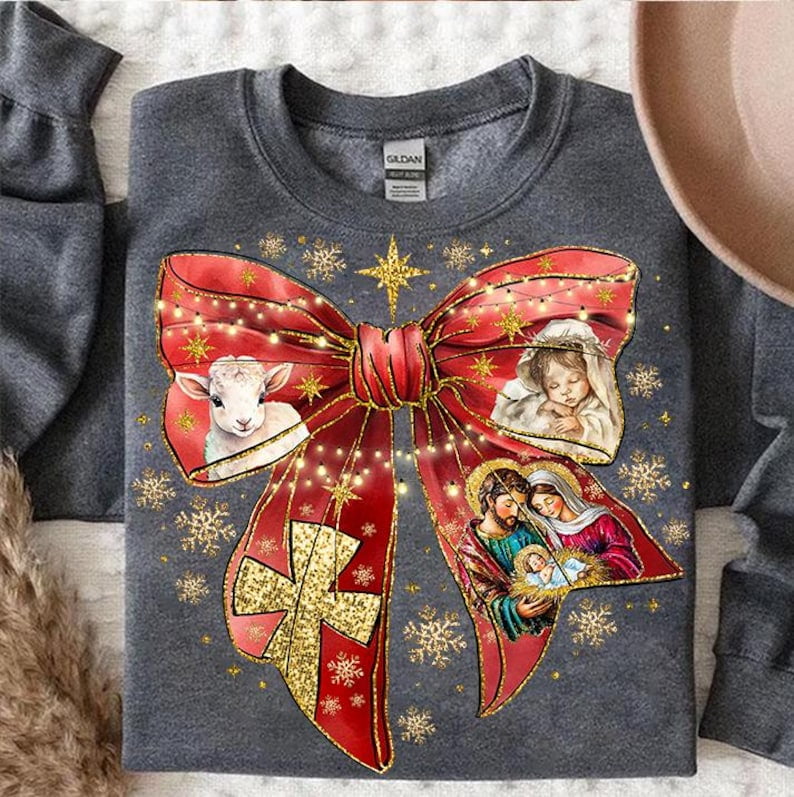 Jesus Christmas Bow Glitter Sweater, Nativity Scene Bible Verse ...