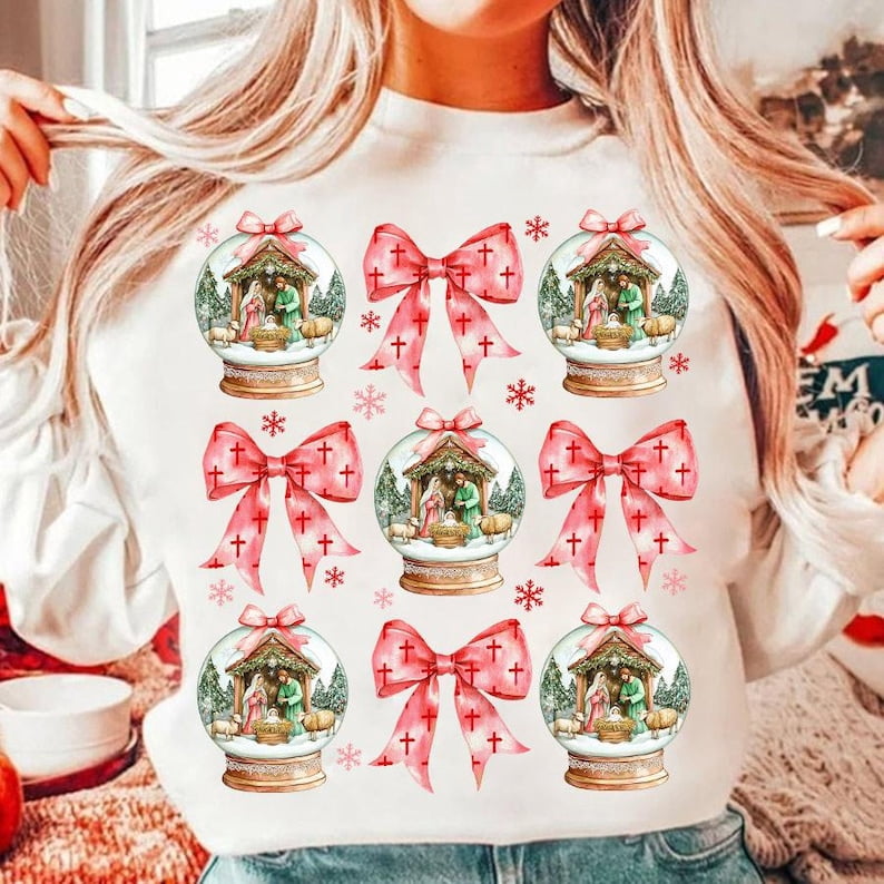 Jesus Christmas Coquette Sweater, Nativity Scene Snow Globe Pullover ...