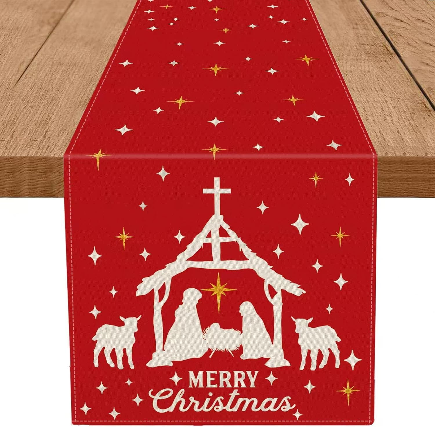 Jesus Christmas Decorations Table Runner Buffalo Plaid Holy Night ...