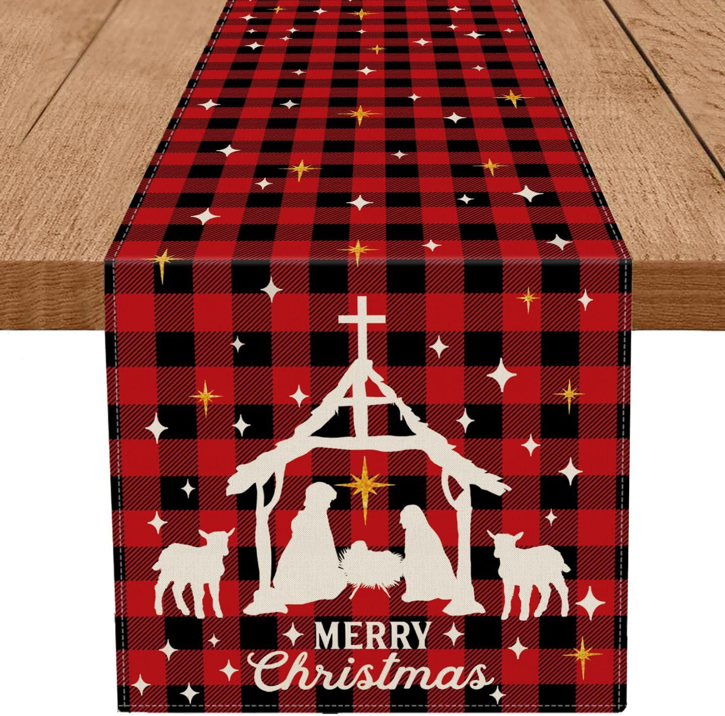 Jesus Christmas Decorations Table Runner Buffalo Plaid Holy Night ...