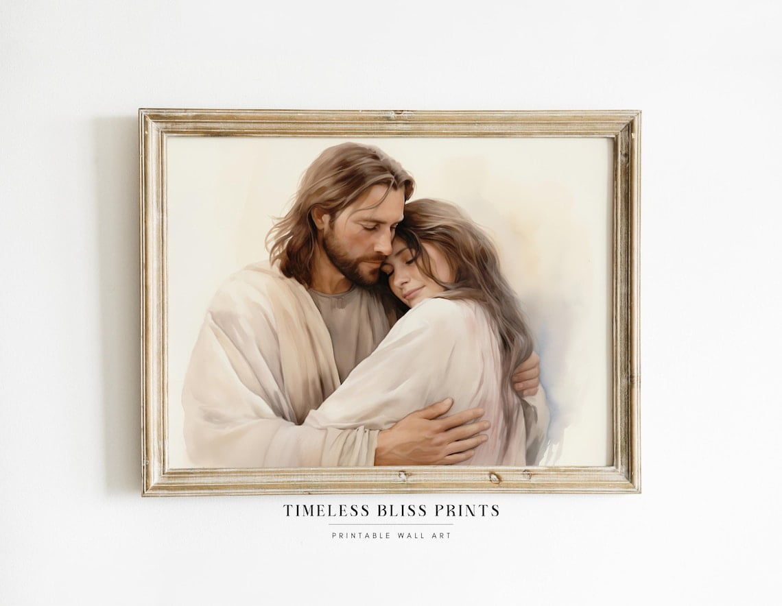 Jesus Comforting Girl Print Serene Loving Arms Printable Christian Wall ...