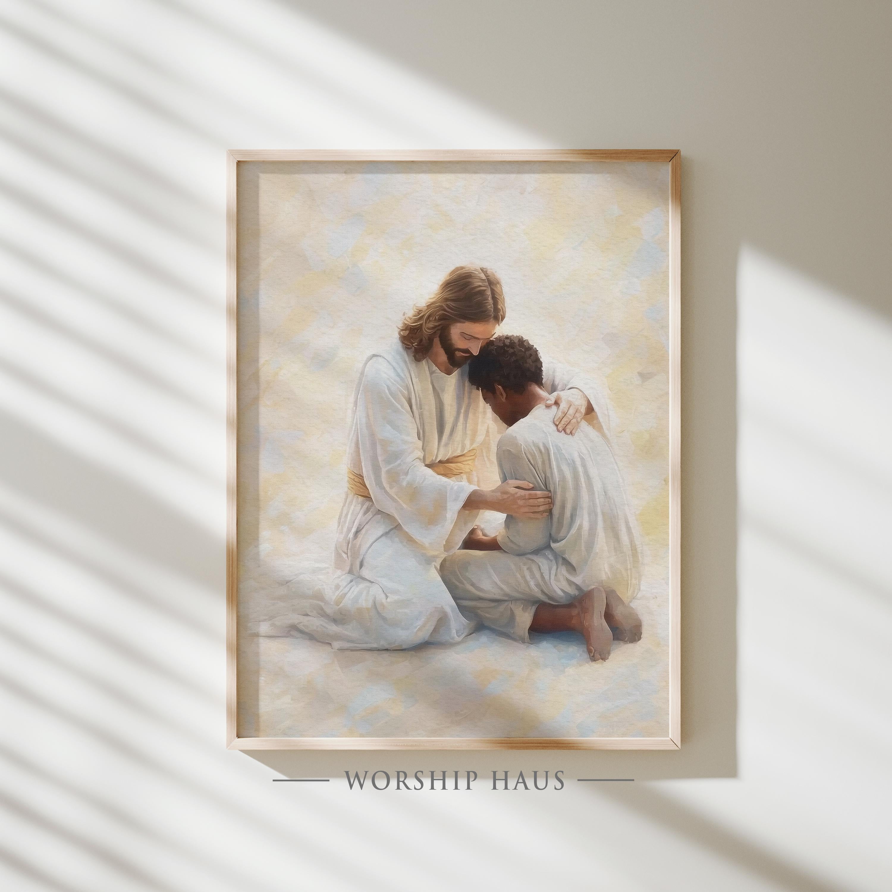 Jesus Comforts The Brokenhearted Black Boy Christian Art Savior With ...