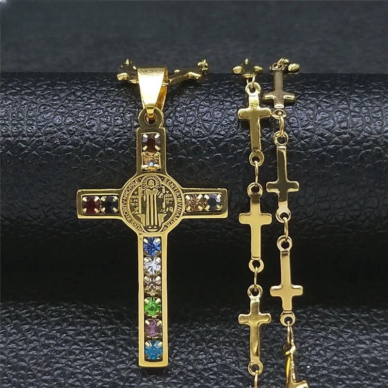 Jesus Cross Benedict Medal Pendant Necklace Women Men 14K Yellow Gold ...