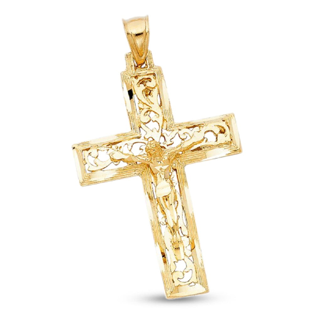 Jesus Cross Grill Pendant Solid 14k Yellow Gold Crucifix Charm Diamond ...
