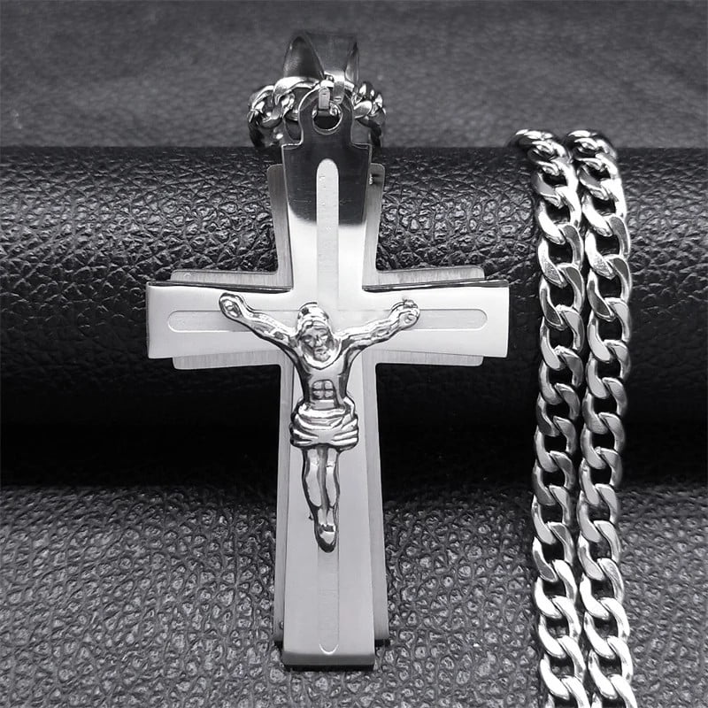 Jesus Cross Necklace Women 14K White Gold Chain for Men Silver Color ...