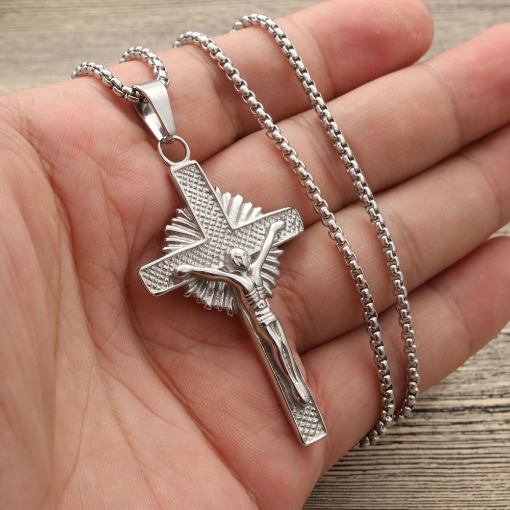 Jesus Cross Pendant Necklace Gold Chain 14K Yellow Gold Hollow ...