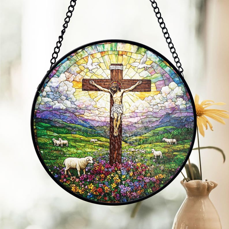 Jesus Crucifixion Stained Glass Suncatcher, Religious Window Hanging ...
