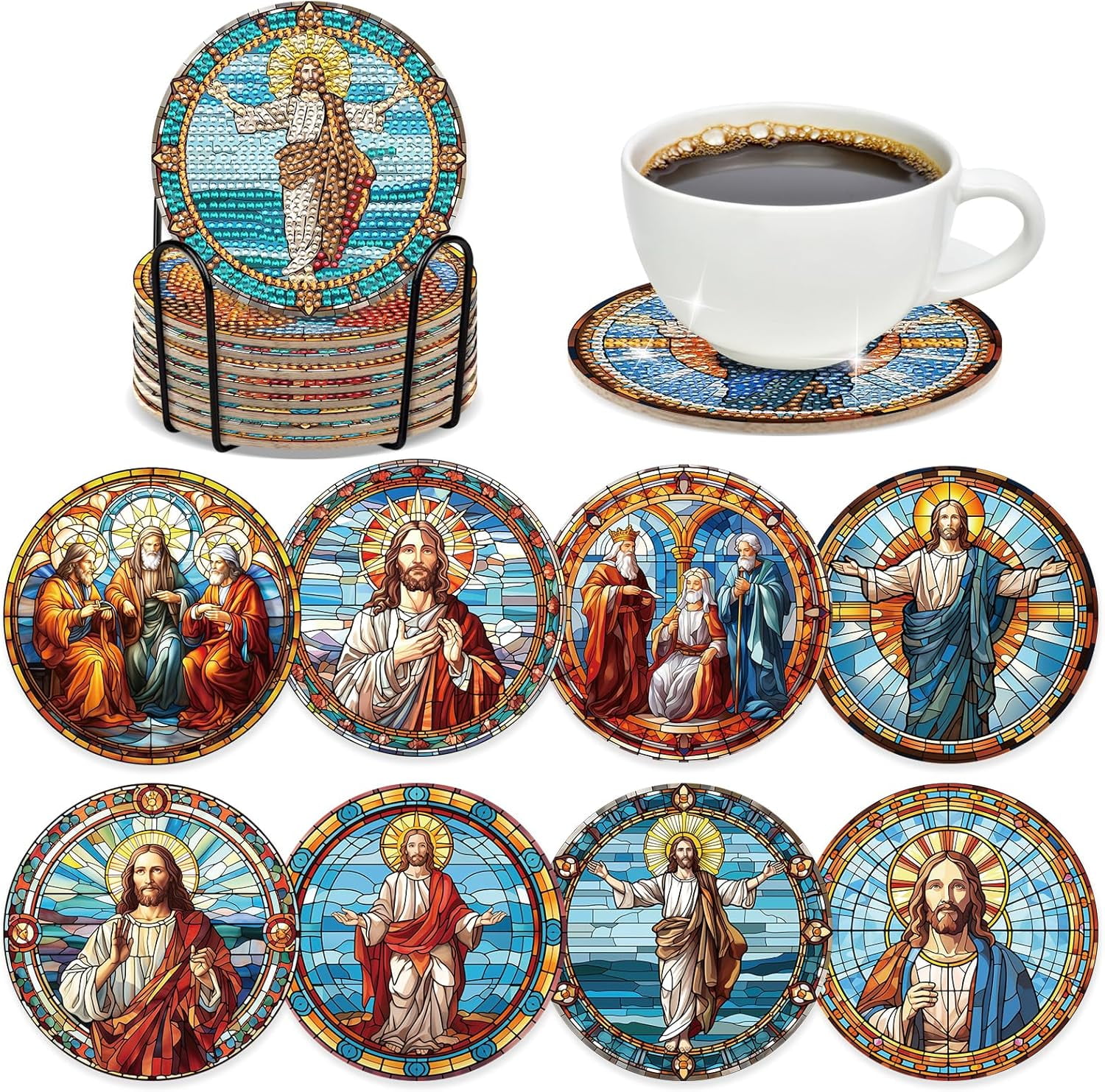 Jesus Diamond Art Coasters - 8 Pcs DIY Christian Colorful Glass Diamond ...