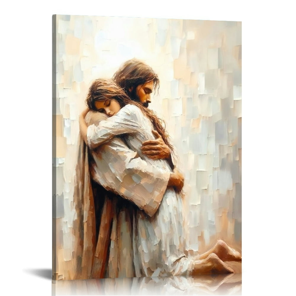 Jesus Embracing Woman Canvas Wall Art, Safe in His Arms Pictures Canvas ...
