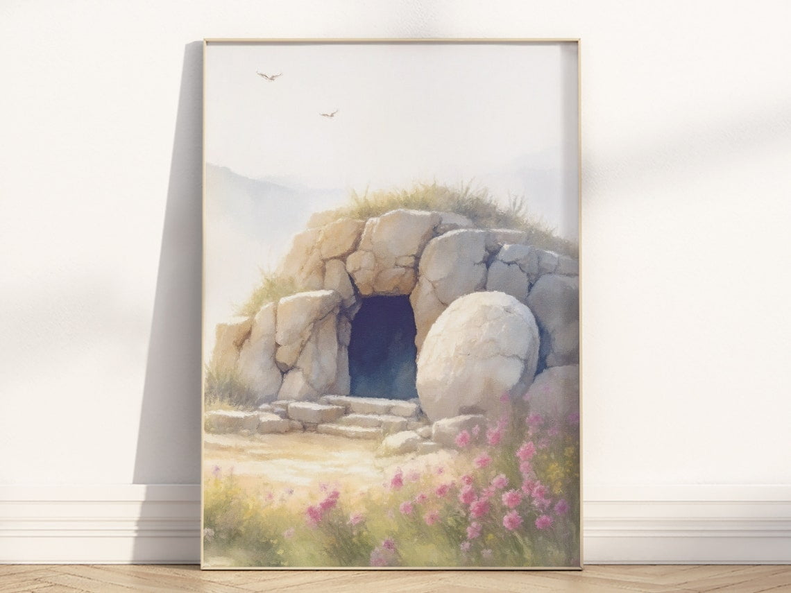 Jesus Empty Tomb Bible Verse Illustration Wall Art, Christian Religious ...