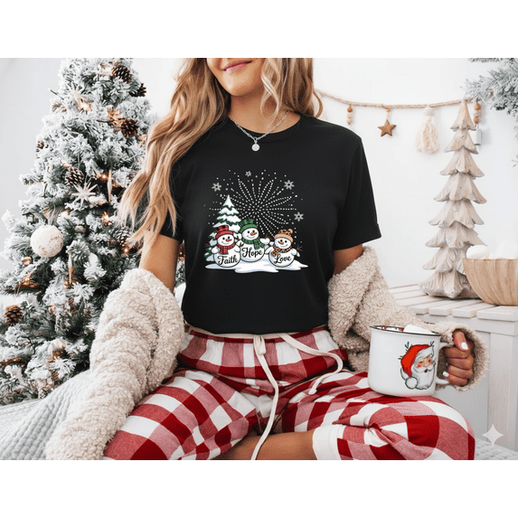 Jesus Faith Hope Love Snowman Christian Holiday Cheer Graphic Tee ...