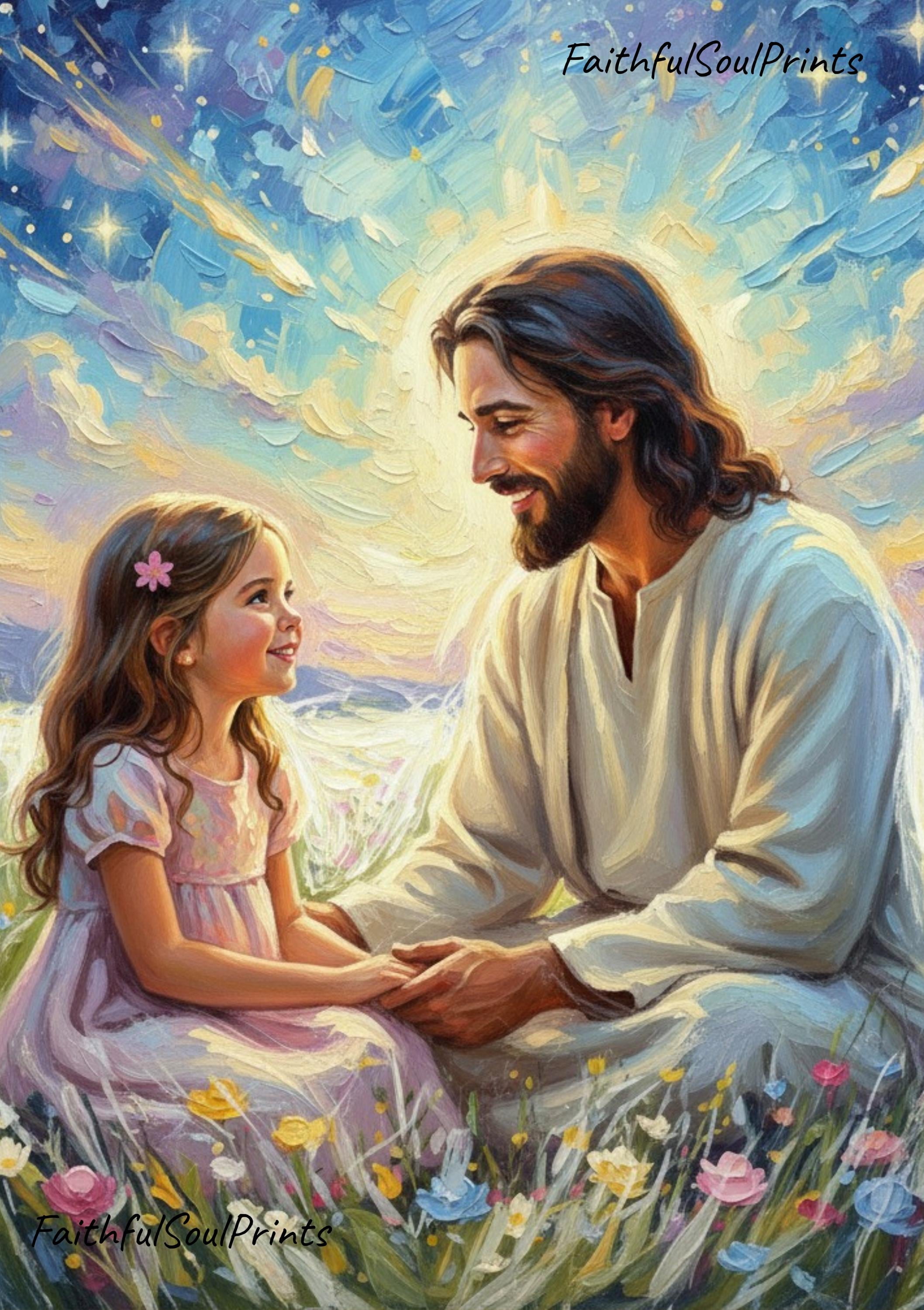 Jesus With Girl In Flower Field | Christian Wall Art | Jesus And Child ...
