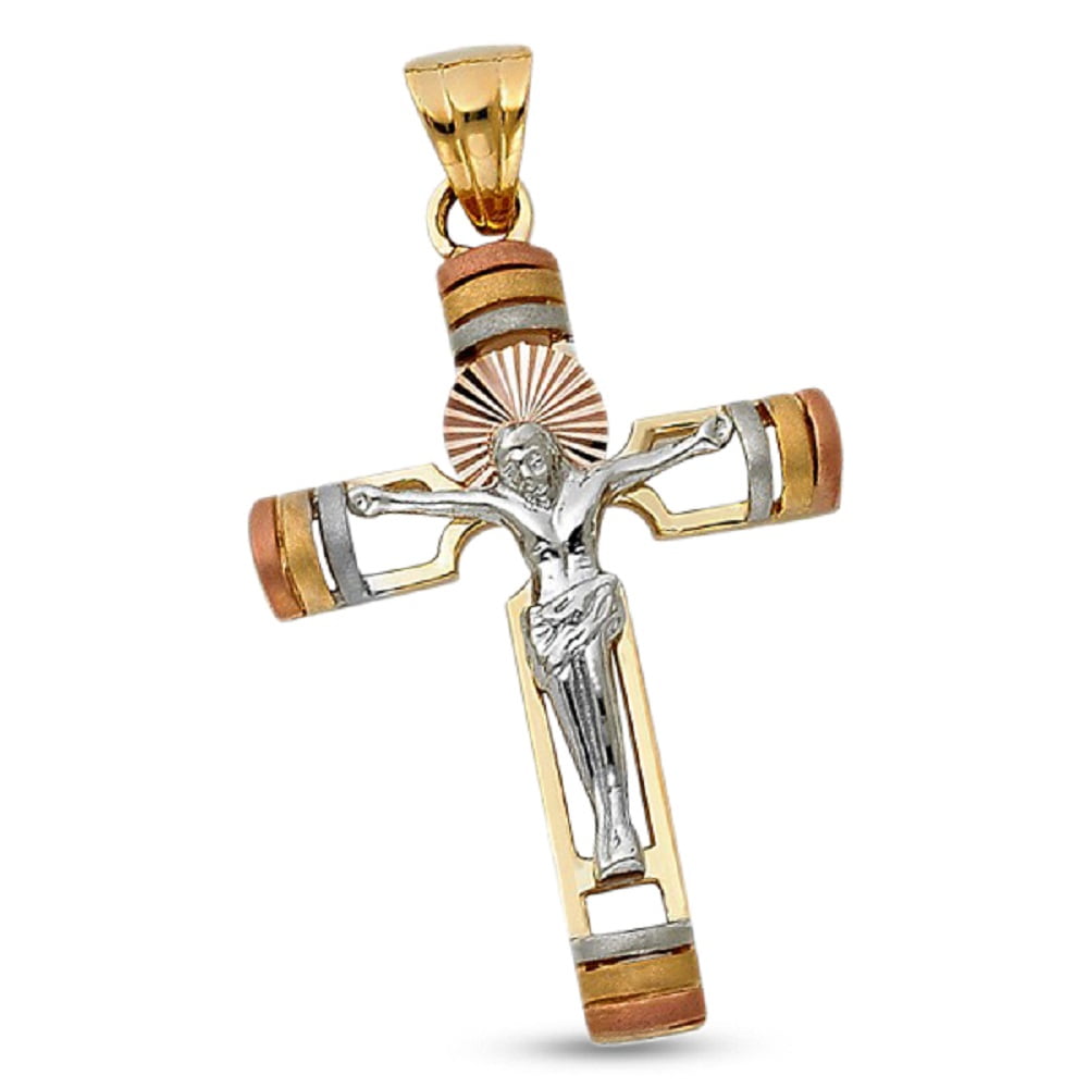 Jesus Halo Cross Pendant Tri Color Solid 14k Rose Yellow White Gold ...