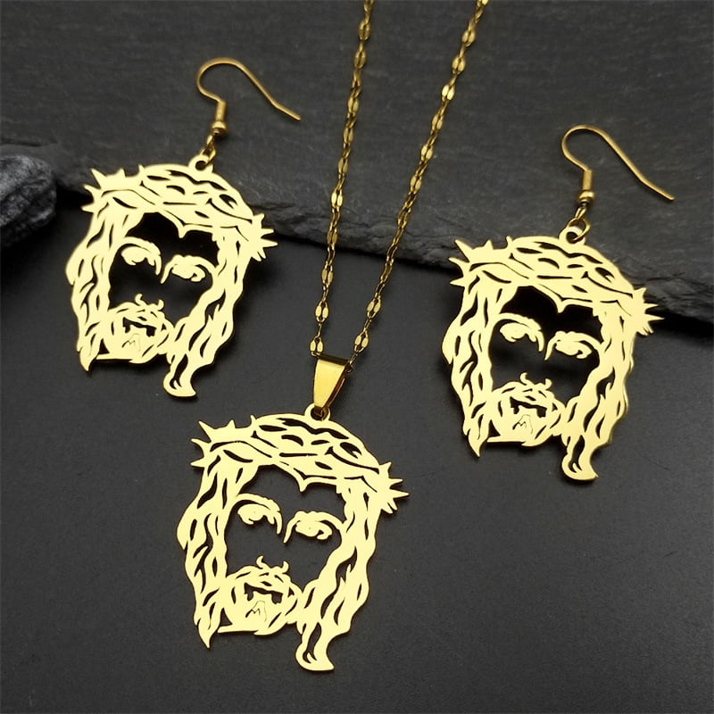 Jesus Head Crown Thorns 14K Yellow Gold Pendant Necklace Earring Set ...