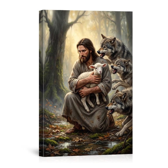 Jesus Holding Lamb Wolves Forest Religious Shepherd tection Power Faith ...
