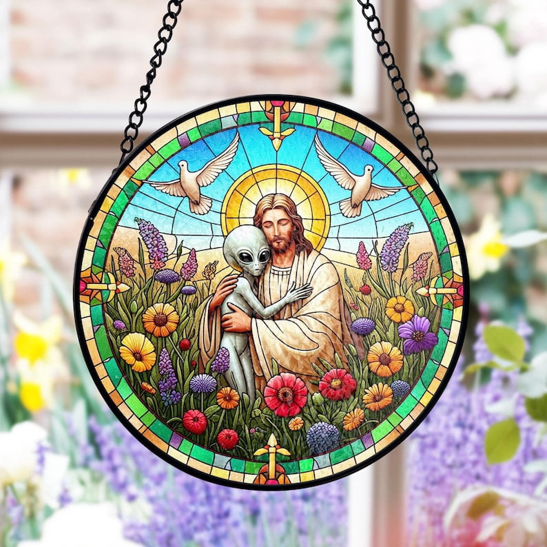 Jesus Hugging Alien Stained Glass Suncatcher, Funny Christian Decor ...