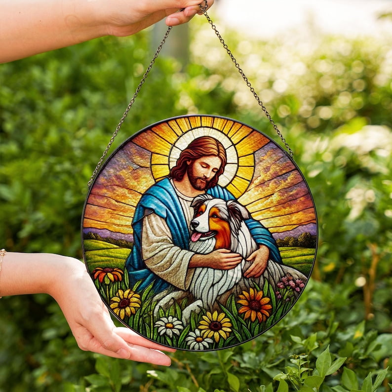 Jesus Hugging Australian Shepherd Suncatcher, God and Dog Window Decor ...