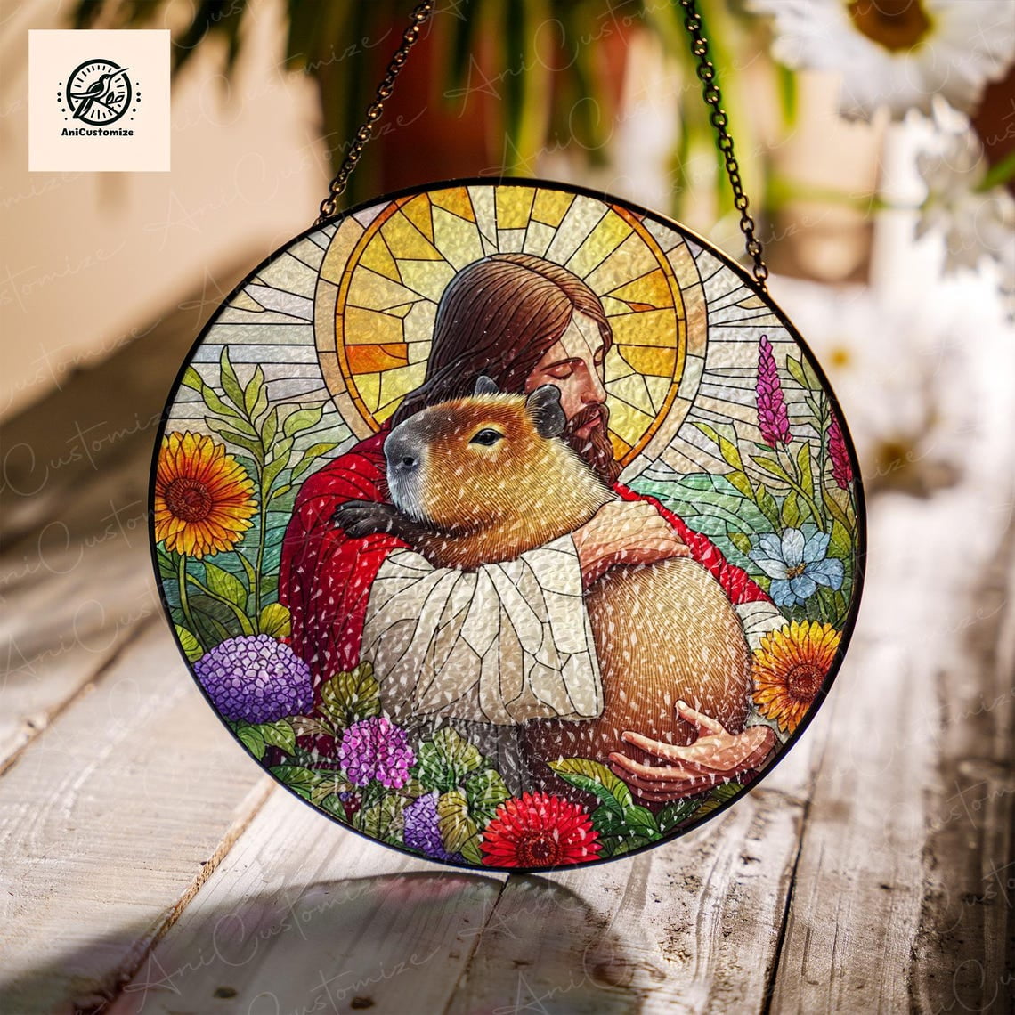 Jesus Hugging Capybara GLASS Suncatcher Decor, Funny Christian,Funny ...