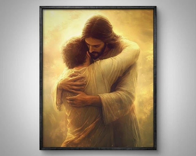 Jesus Hugging Man Painting, Jesus Christ And Man, Watercolor Christian ...