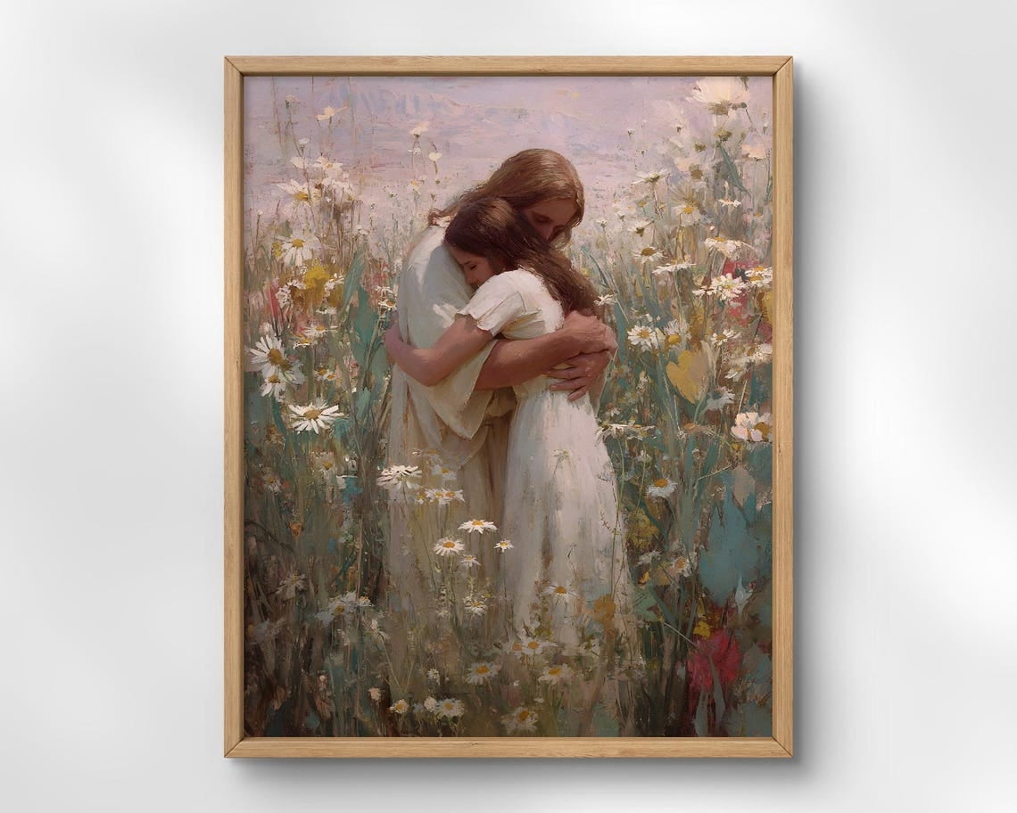 Jesus Hugging Woman: Christian Comfort, Daisy Field, Wall Art, Home ...