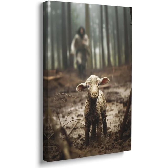 Jesus and Lamb Canvas Wall Art Jesus Running After Lost Lamb Picture ...