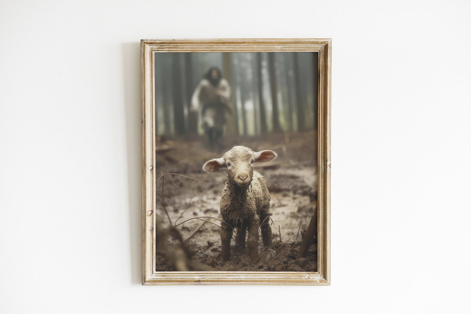 Jesus and Lamb Print Poster and Canvas, Jesus Running After Lost Lamb ...