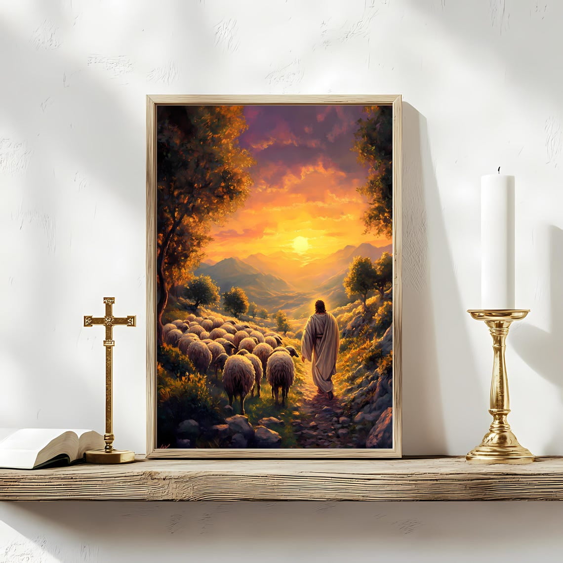 Jesus Leading The Flock, Sunrise Christian Art Print, Good Shepherd ...