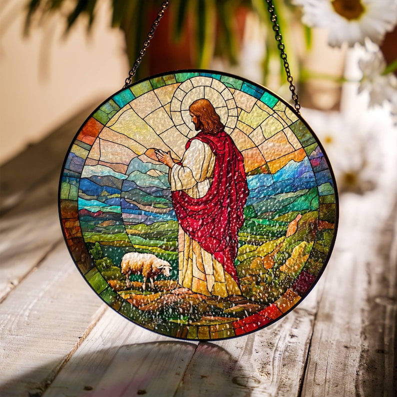 Jesus Leaves the 99 Stained Glass SunCatcher Christian Art Light ...