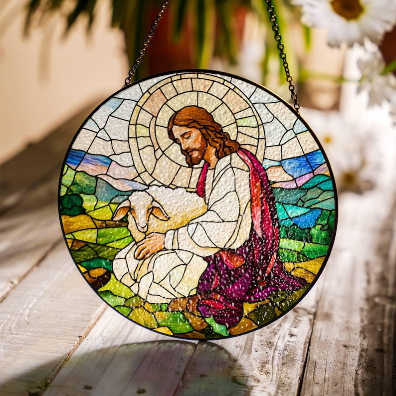 Jesus Leaves the 99 Stained Glass SunCatcher Christian Art Light ...
