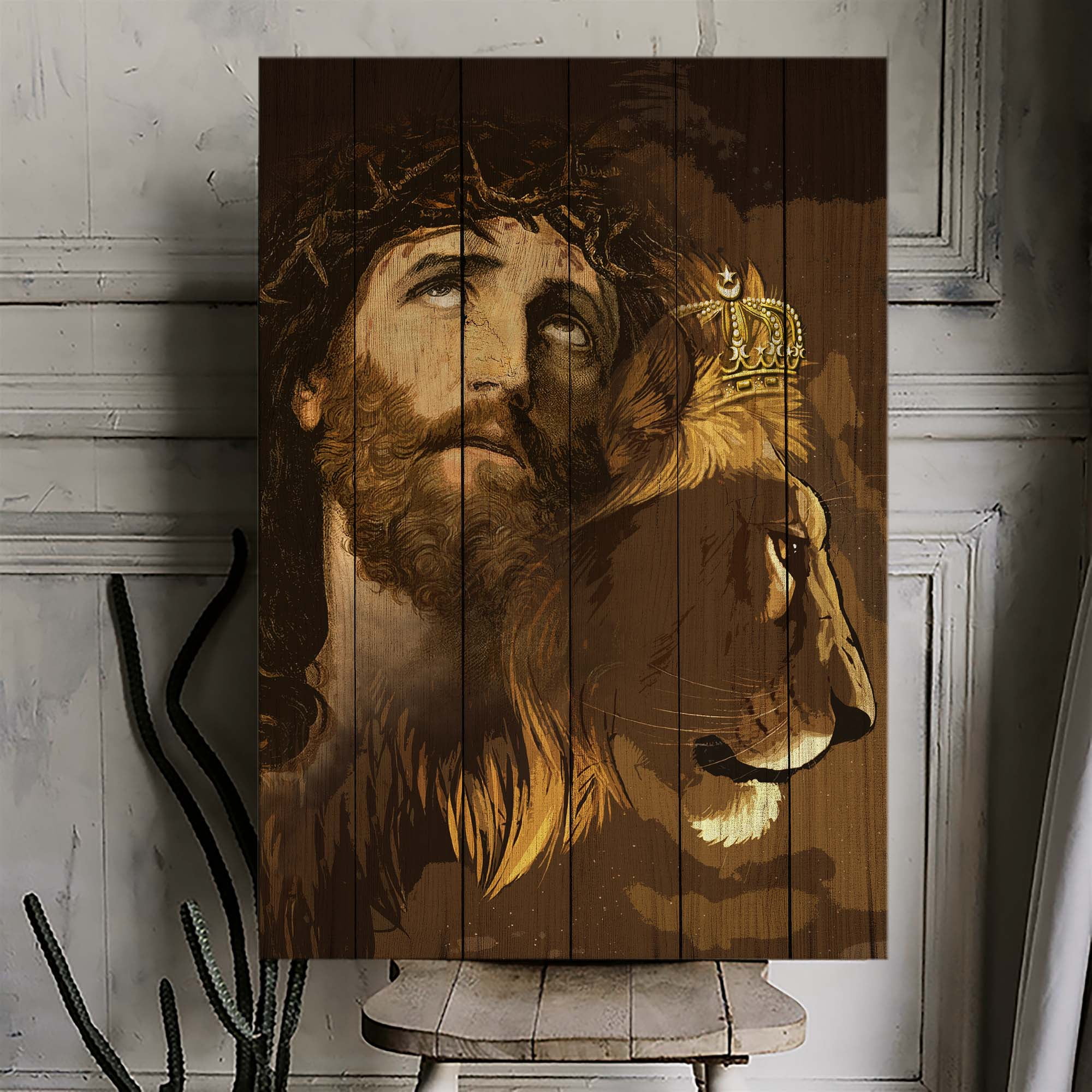 Jesus and Lion of Judah Canvas Wall Art – Crowned Lion & Christ with ...