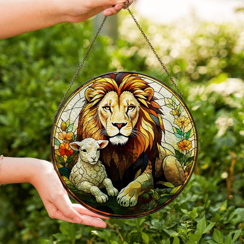 Jesus Lion of Judah Glass Suncatcher, Lion and lamb, Christian Art ...
