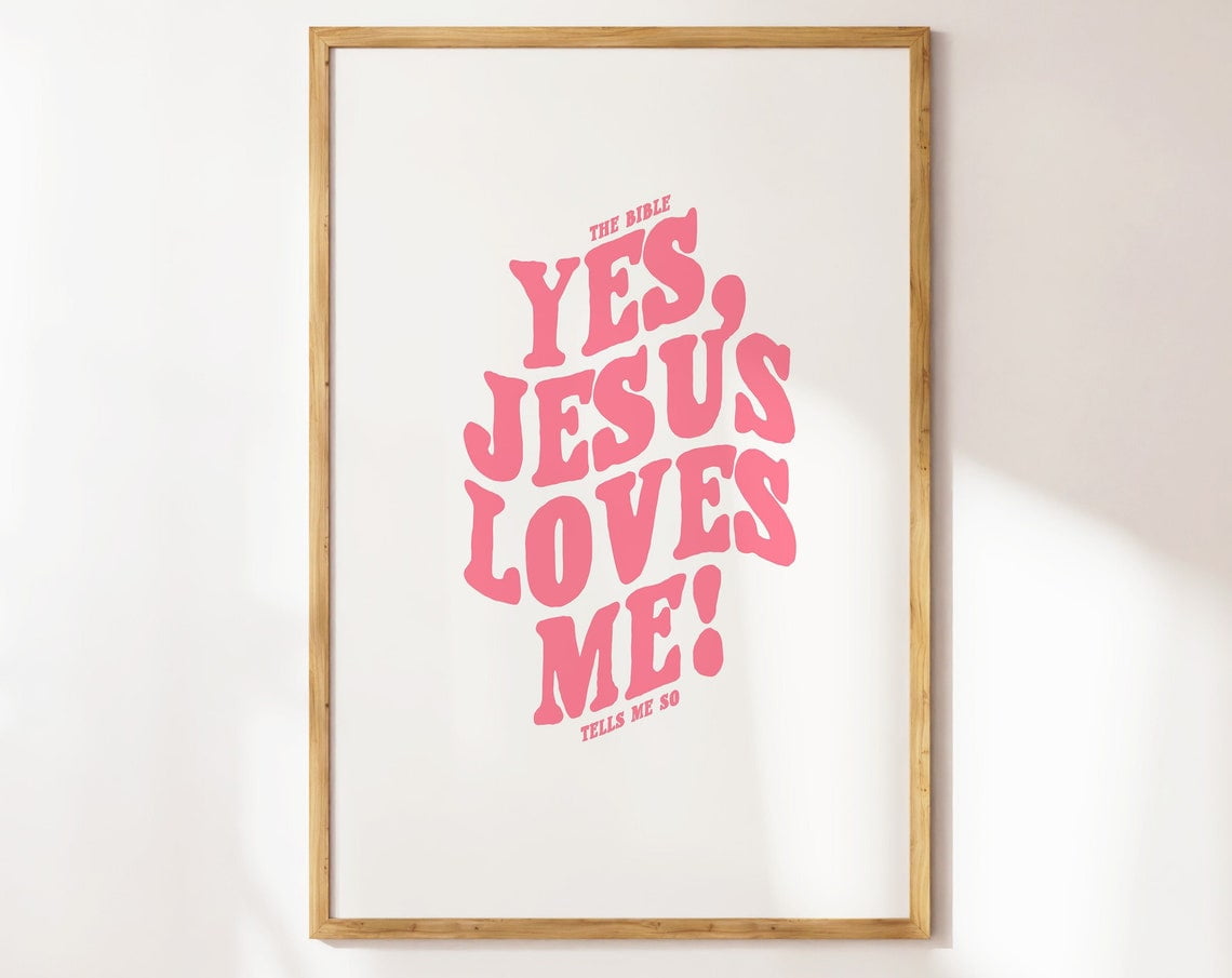 Jesus Loves Me Christian Wall Art Cute Bible Verse Poster Pink Trendy ...
