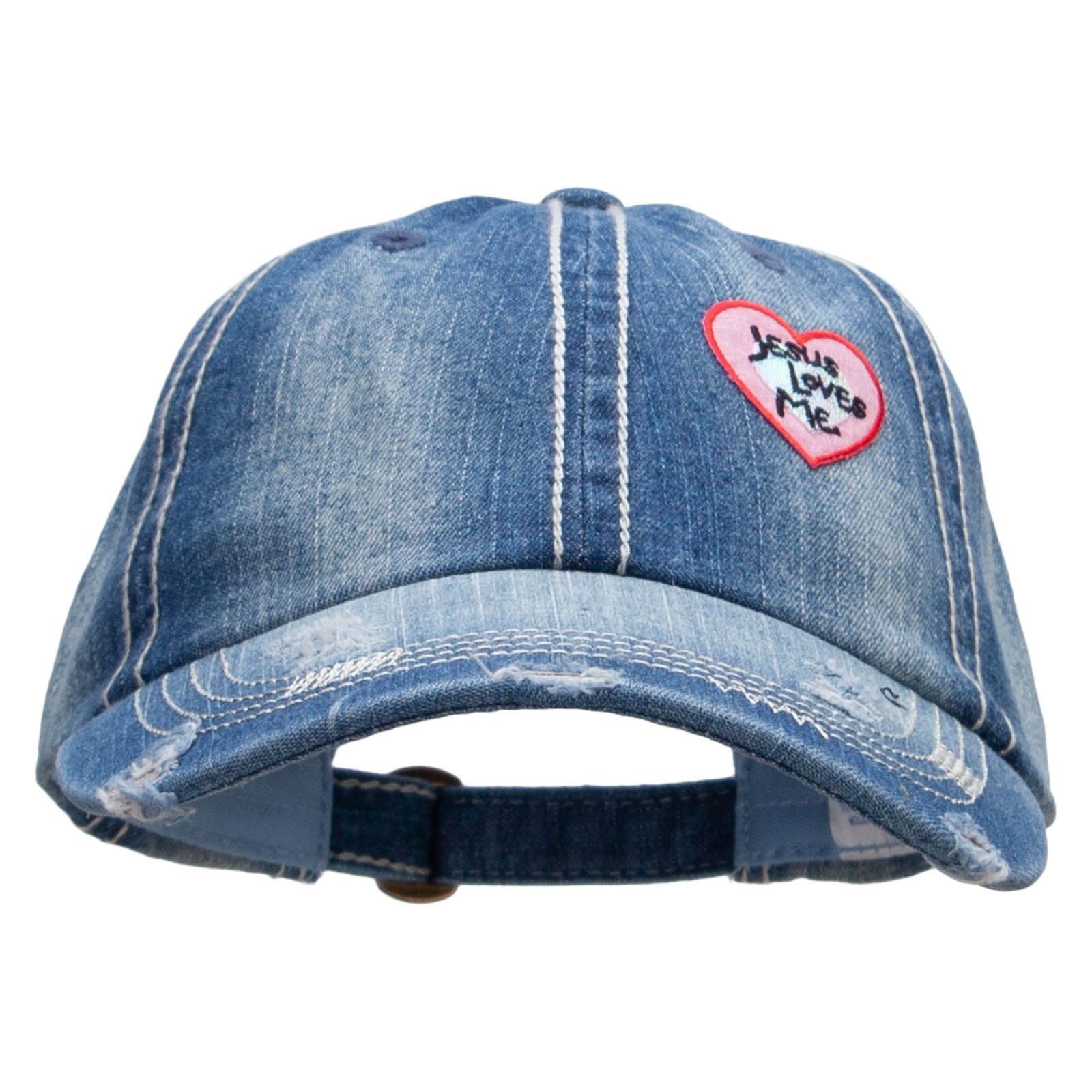 Jesus Loves Me Iridescent Heart Patched Distressed Heavy Washed Denim ...