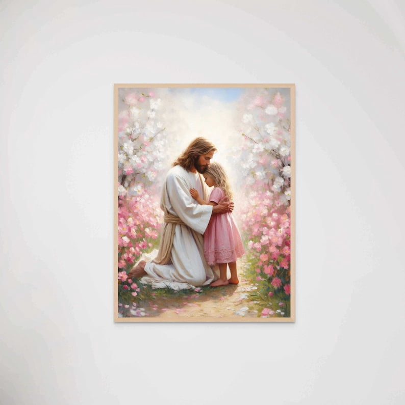 Jesus Loves You Art - Savior with Little Girl Christian Kids Poster ...