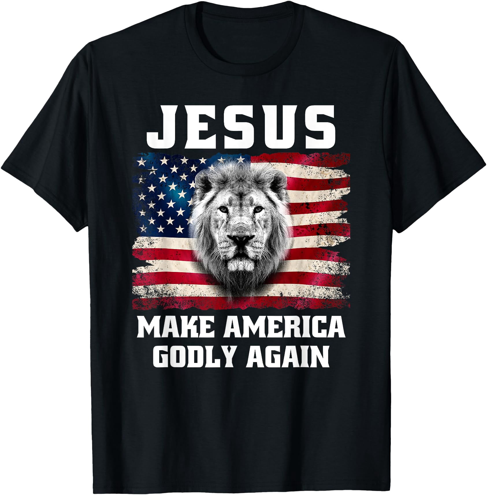 Jesus Make America Godly Again Christian Faith USA Flag Lion T-Shirt ...