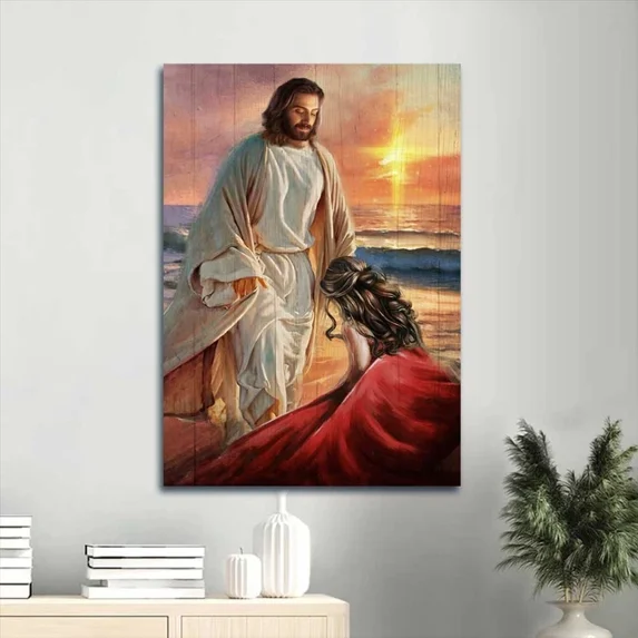 Jesus Portrait Poster, - On The Beach, Beautiful Sunset, Kneeling NO ...