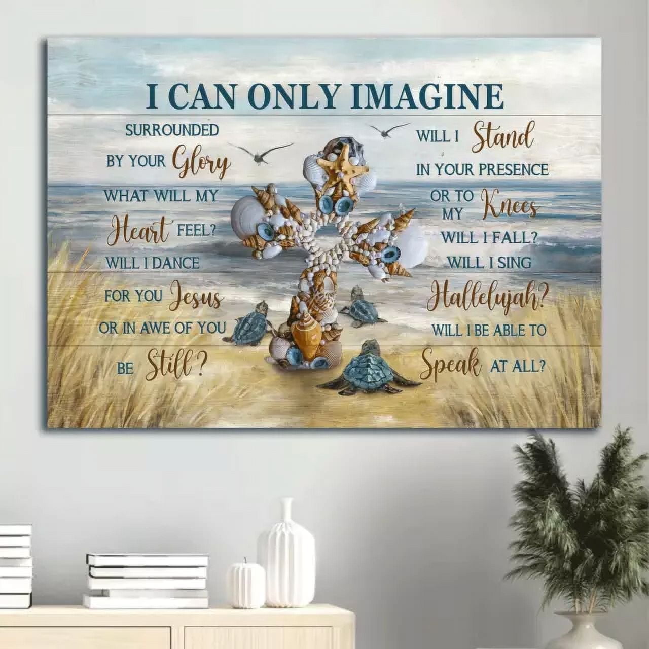 Jesus Poster - Beautiful Cross, Sea Turtle, Seagull, Beach Painting ...