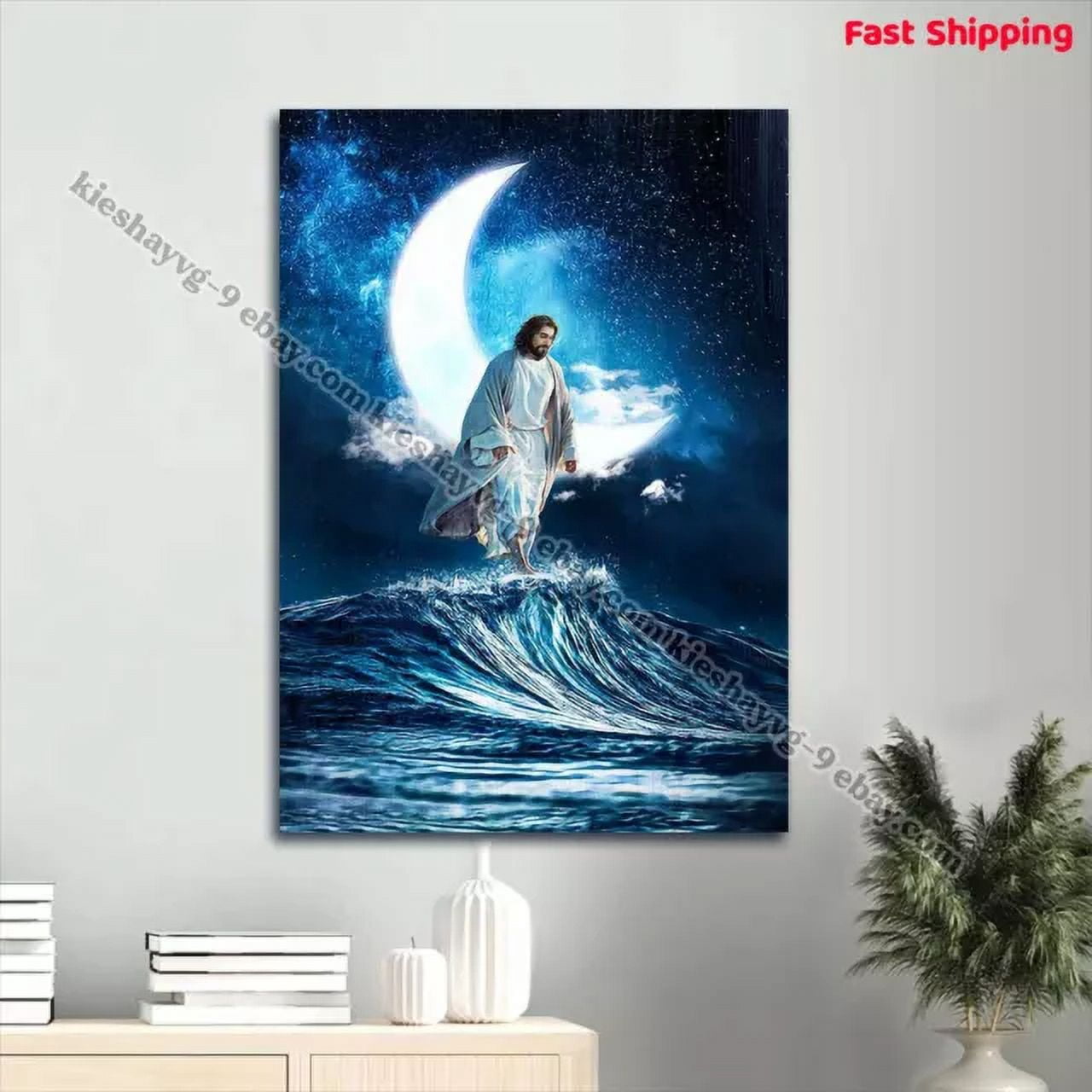 Jesus Poster - Beautiful Moon, Night Sky, Jesus Walks On Water Poster ...