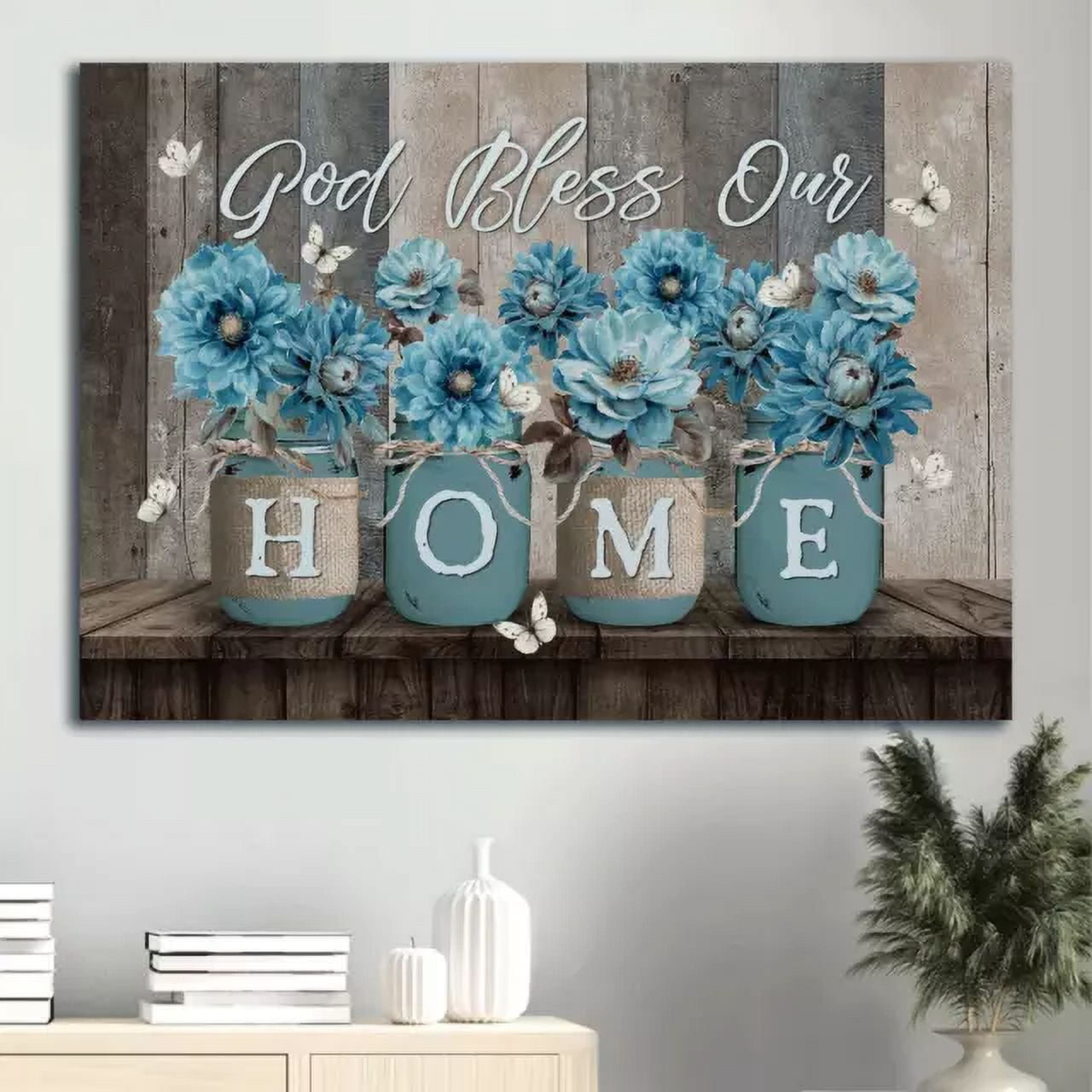 Jesus Poster - Blue Flower, White Butterfly, Mason Jars Poster - Gift ...