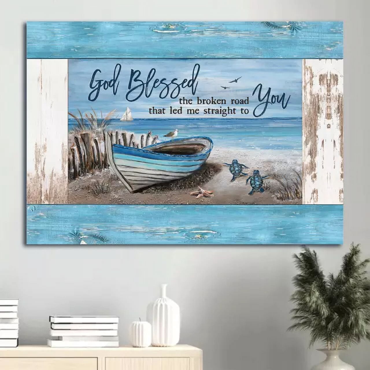 Jesus Poster Blue Wooden Boat, Sea Turtle Drawing Poster Gift For ...