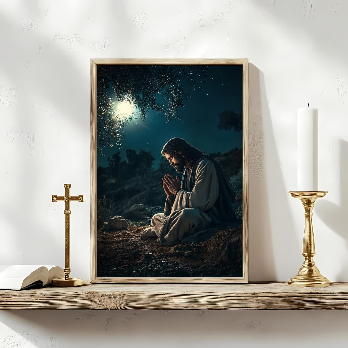 Jesus Praying At Night – Christian Moonlight Print, Gethsemane Garden ...