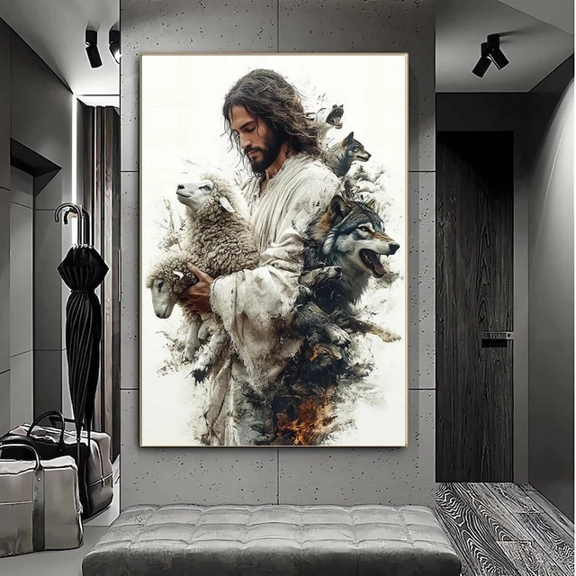 Jesus Protecting The Lamb From Wolves Poster Painting, Spiritual Wall ...